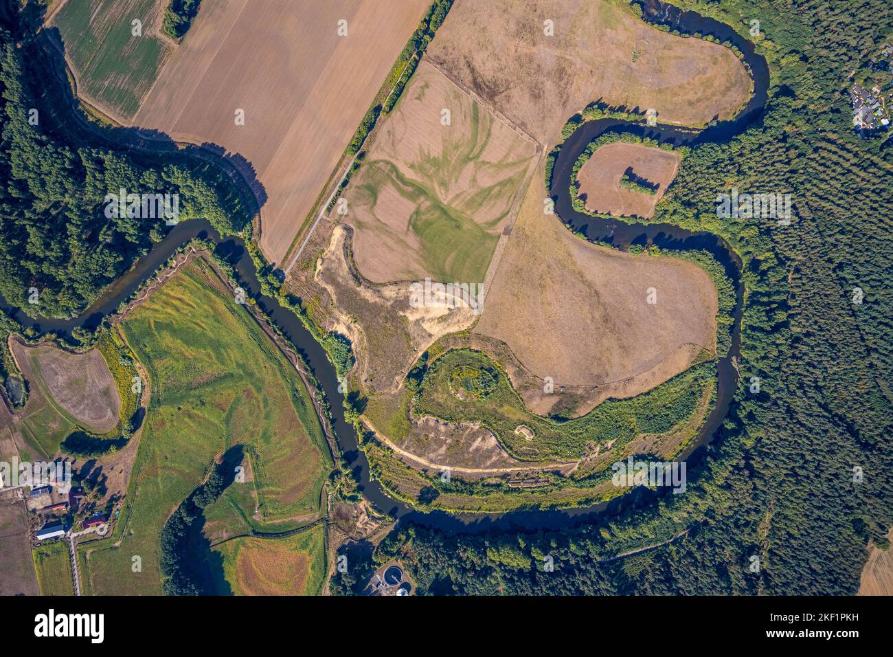 Aerial view, river Lippe meander, Lippe loop, river and floodplain ...