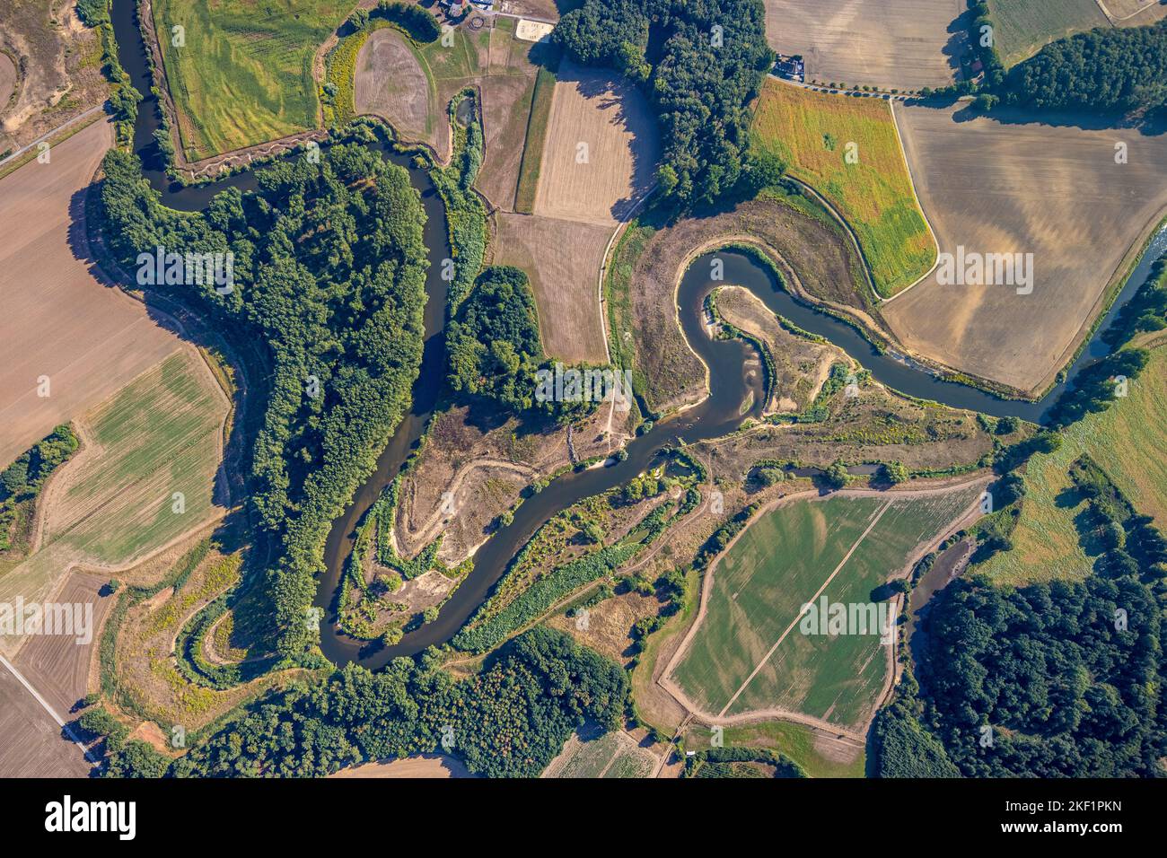 Aerial view, river Lippe meander, Lippe loop, river and floodplain ...