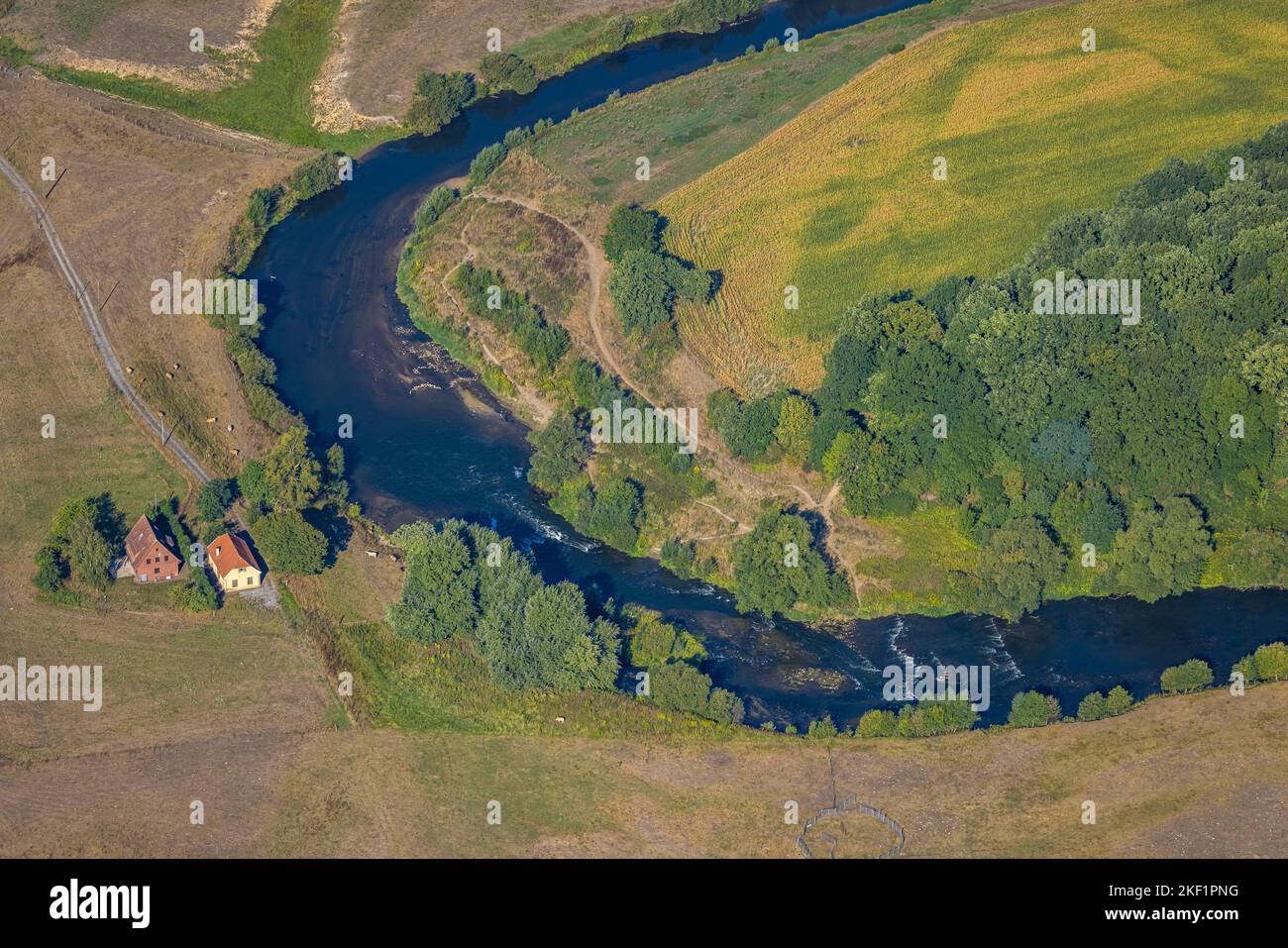 Aerial view, river Lippe, glide bed, NSG Lippeaue, river and floodplain ...