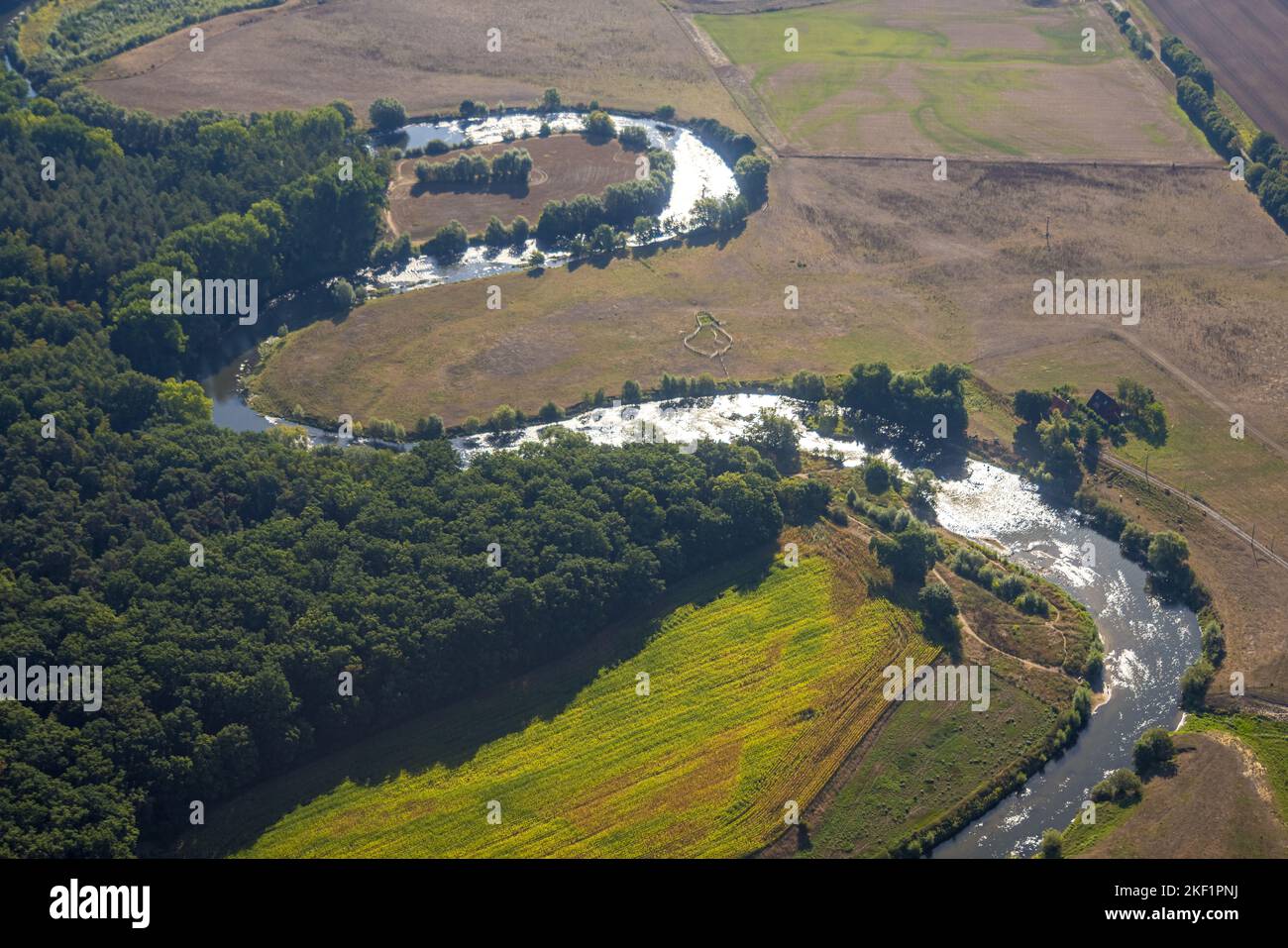 Aerial view, river Lippe meander, Lippe loop, river and floodplain ...