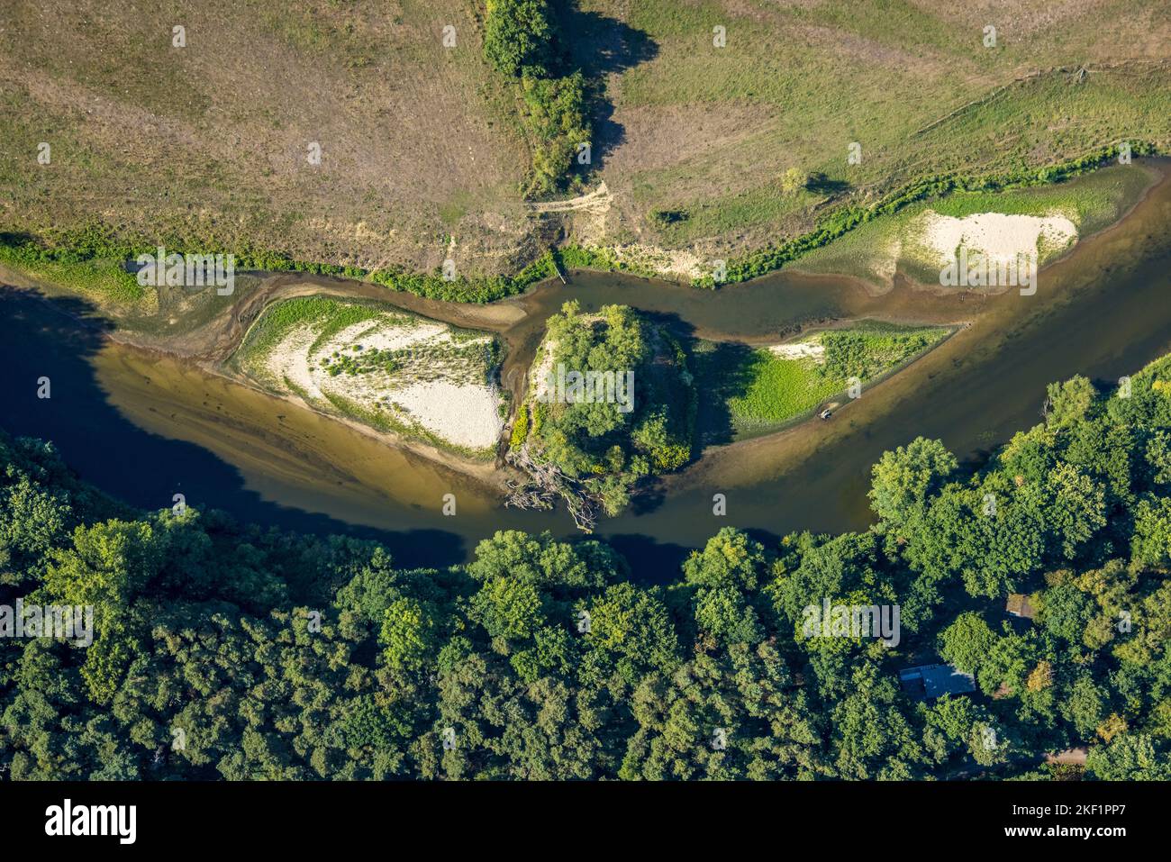 Aerial view, river Lippe, sandbanks, NSG Lippeaue, river and floodplain ...