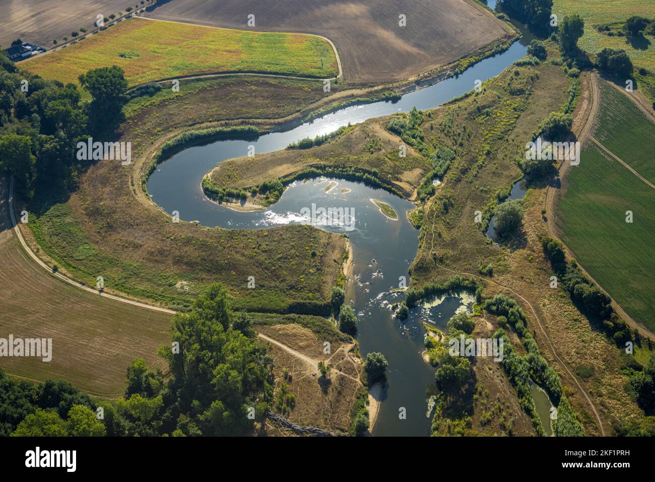 Aerial view, river Lippe meander in backlight, Lippe loop, river and ...
