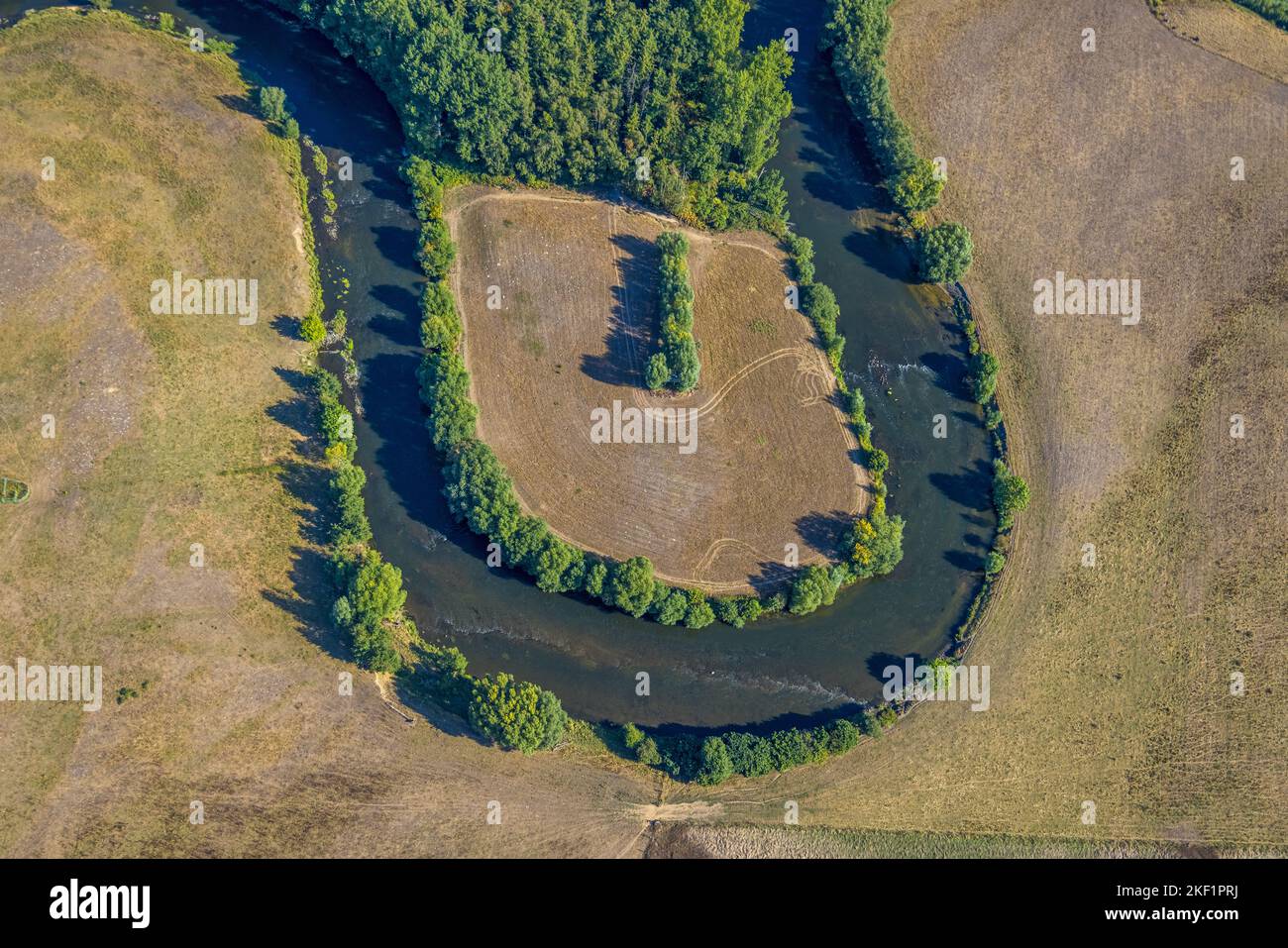 Aerial view, river Lippe meander, Lippe loop, river and floodplain ...