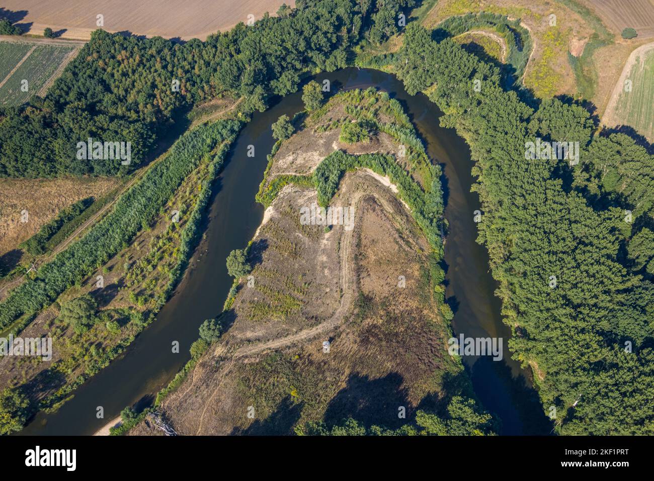 Aerial view, river Lippe meander, Lippe loop, river and floodplain ...