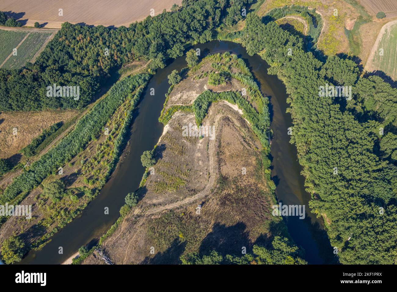 Aerial view, river Lippe meander, Lippe loop, river and floodplain ...