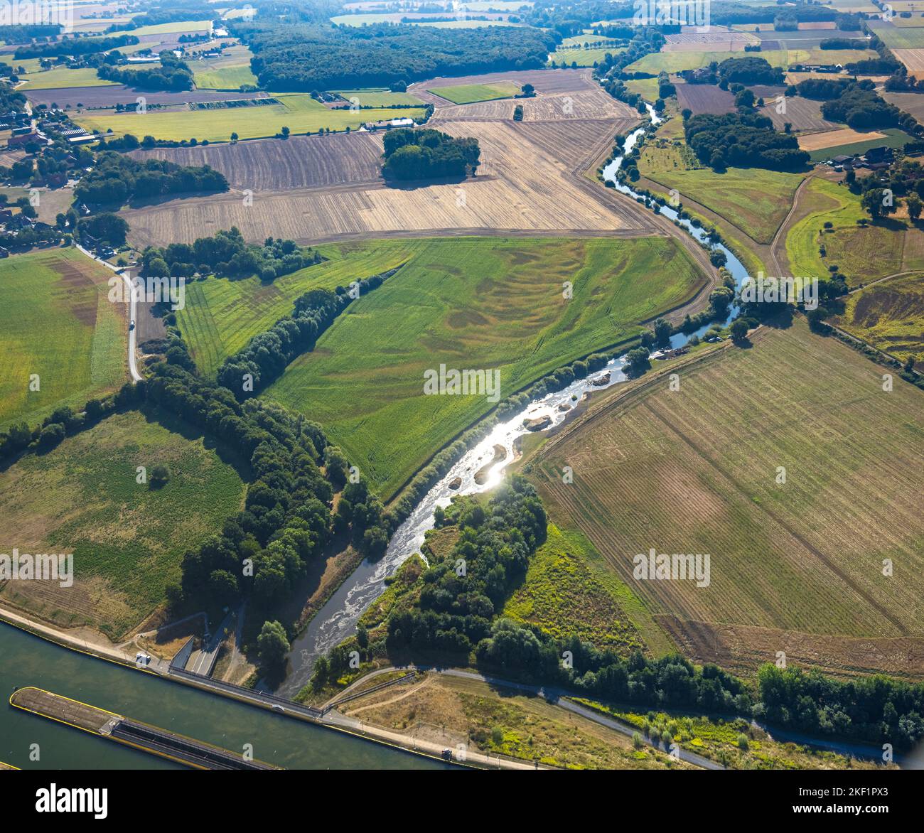 Aerial view, river Lippe meander in backlight, at canal bridge Lippe ...