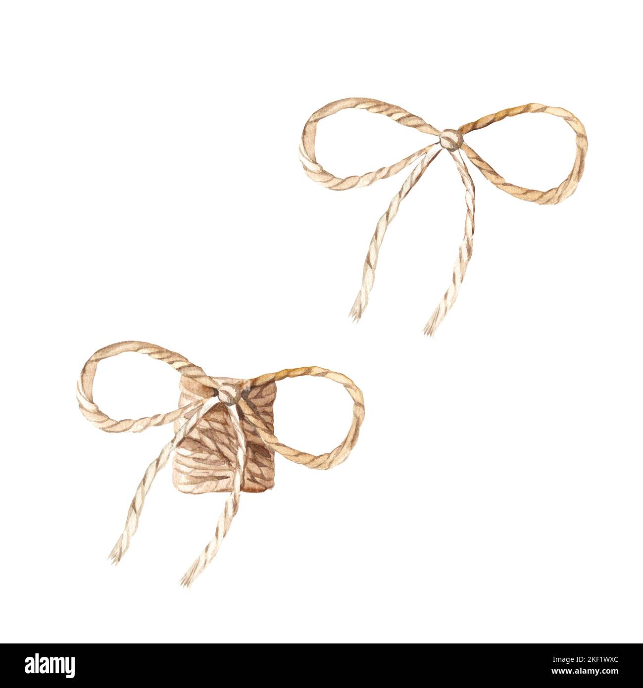 Jute spiral cord with bow knot. Hand drawn watercolor burlap linen rope ...