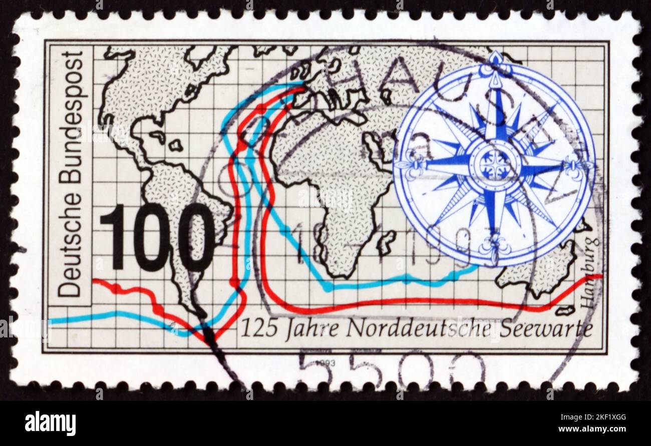 GERMANY - CIRCA 1993: a stamp printed in Germany shows route map and ...