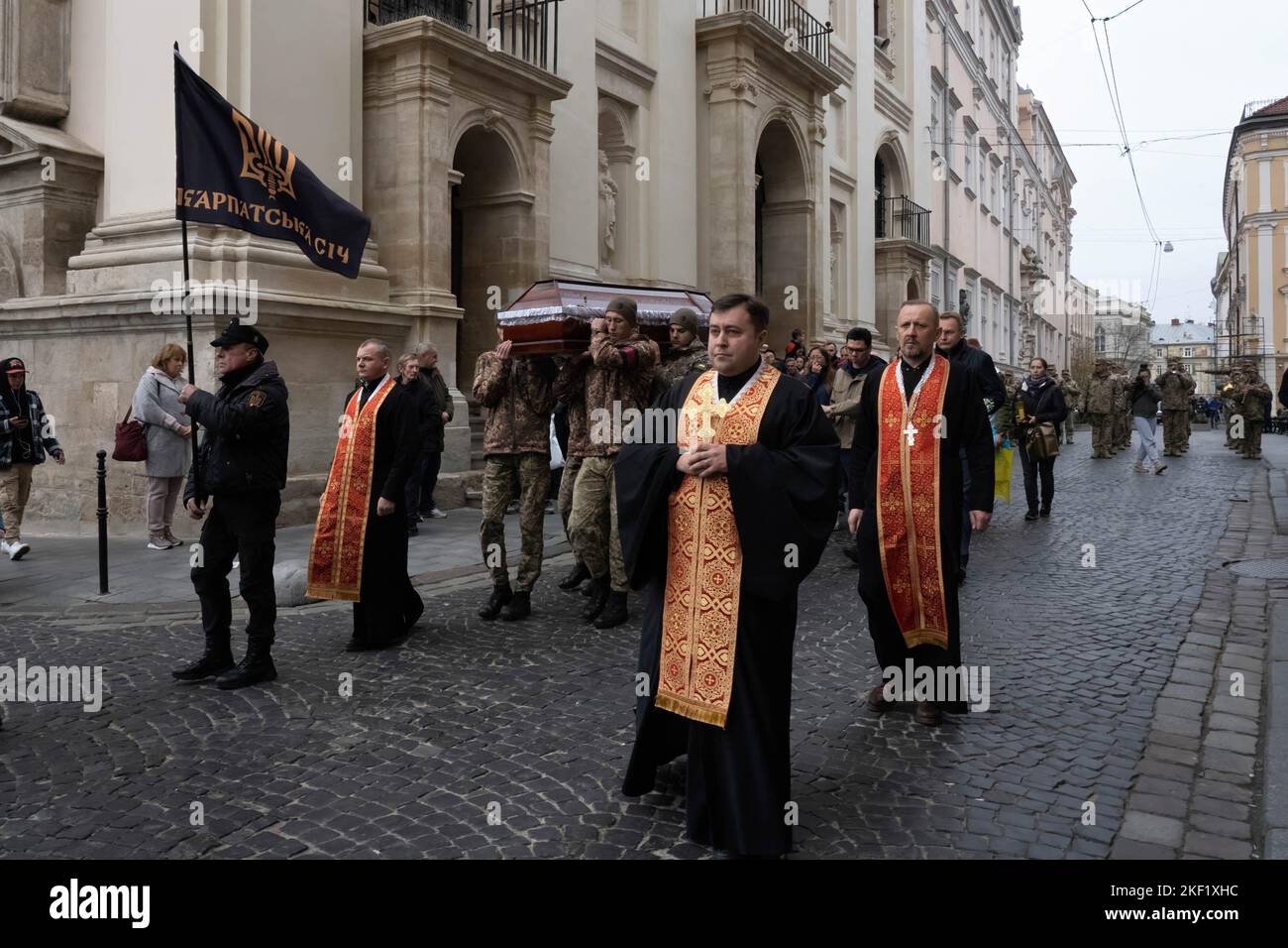 Lviv, Ukraine. 14th Nov, 2022. Ukrainian soldiers seen carrying the ...