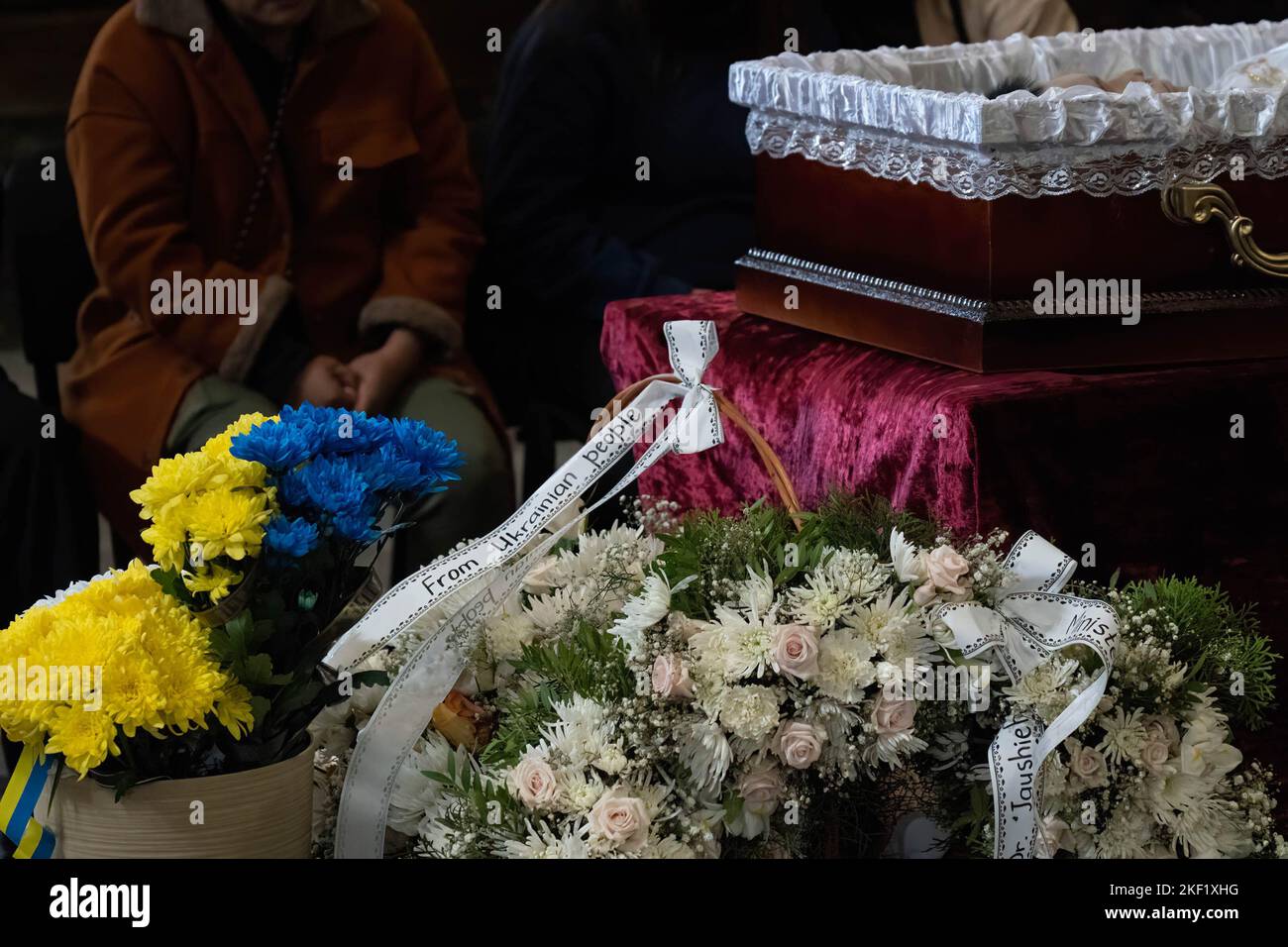 Lviv, Ukraine. 14th Nov, 2022. Condolence wreath flowers with the words ...