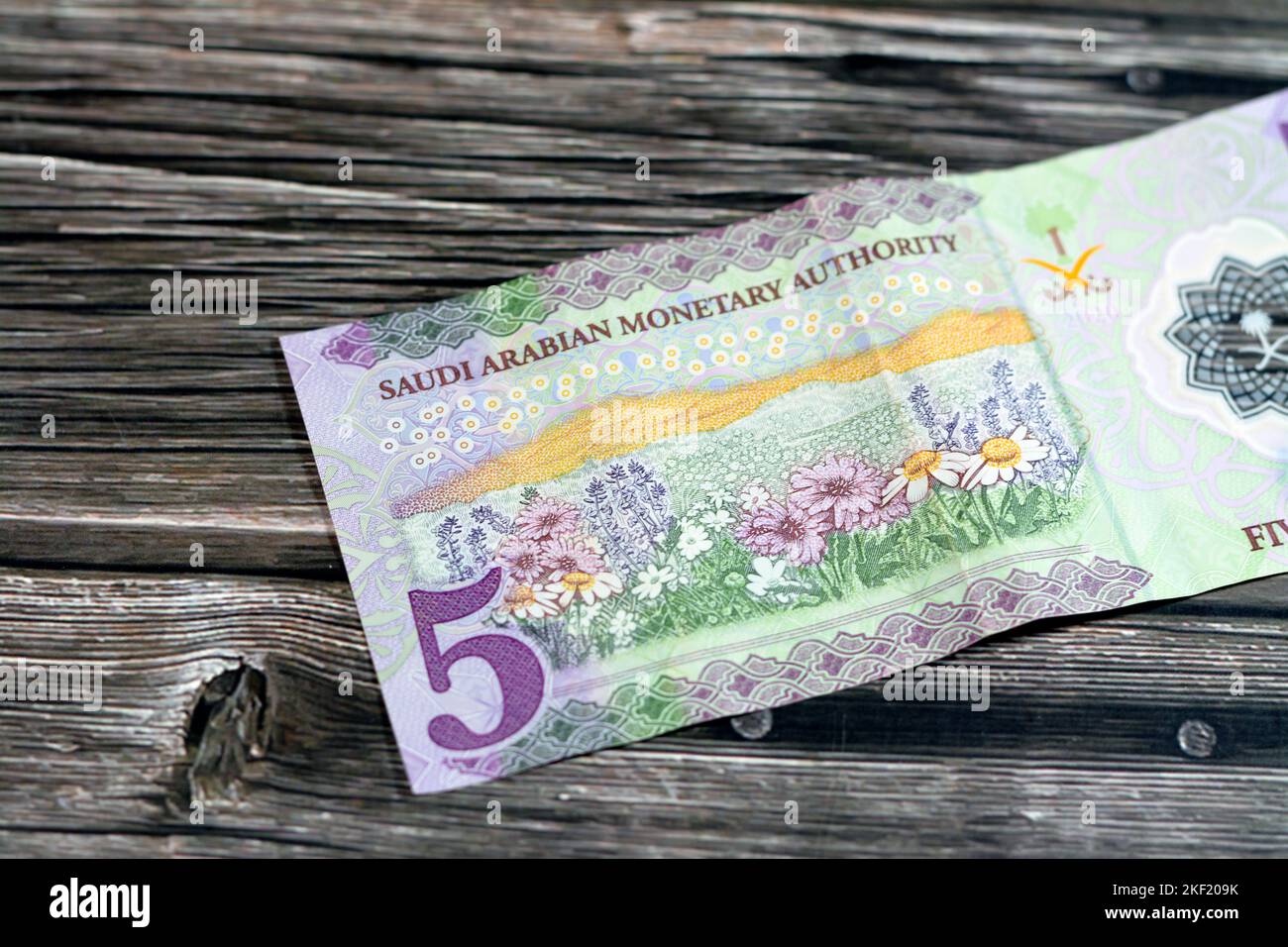 Reverse side of the new polymer 5 SAR five Saudi Arabia riyals cash ...
