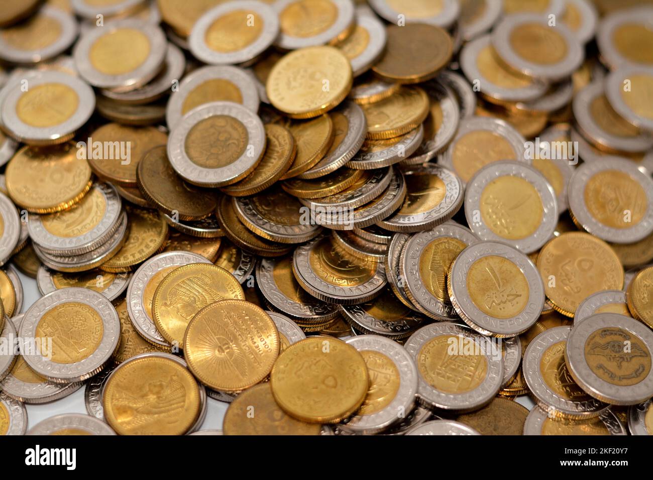 Large amount of Egyptian coins, Piles of 1 EGP LE one Egyptian pound ...