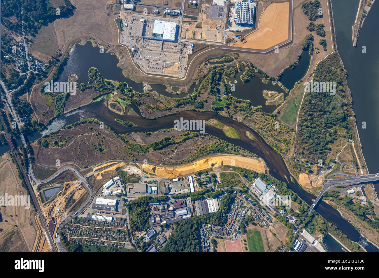 Aerial view, Lippe estuary, Lippe floodplain, river course ...