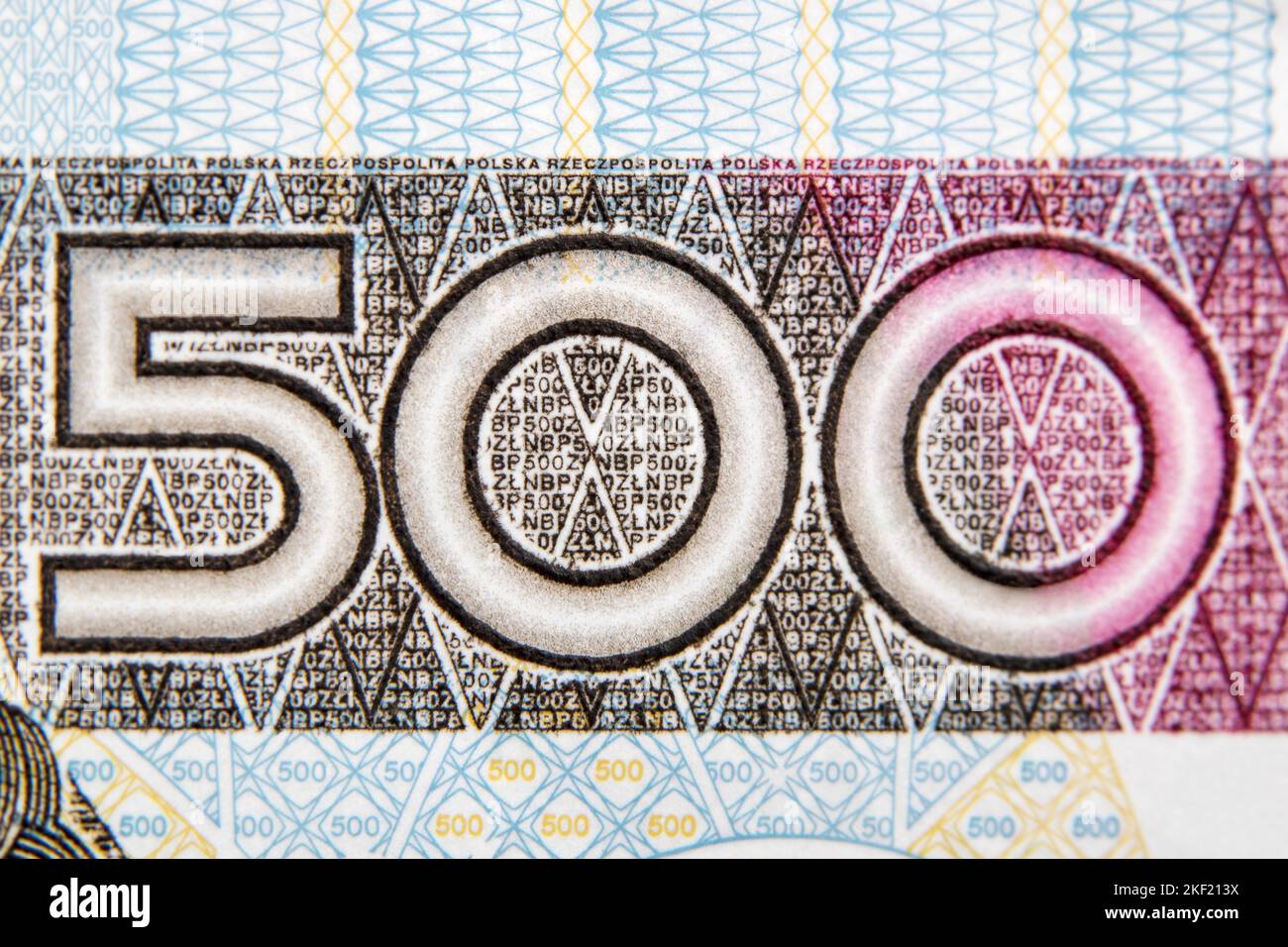 Macro photo shot of Polish PLN number 500 banknote, shallow depth of ...