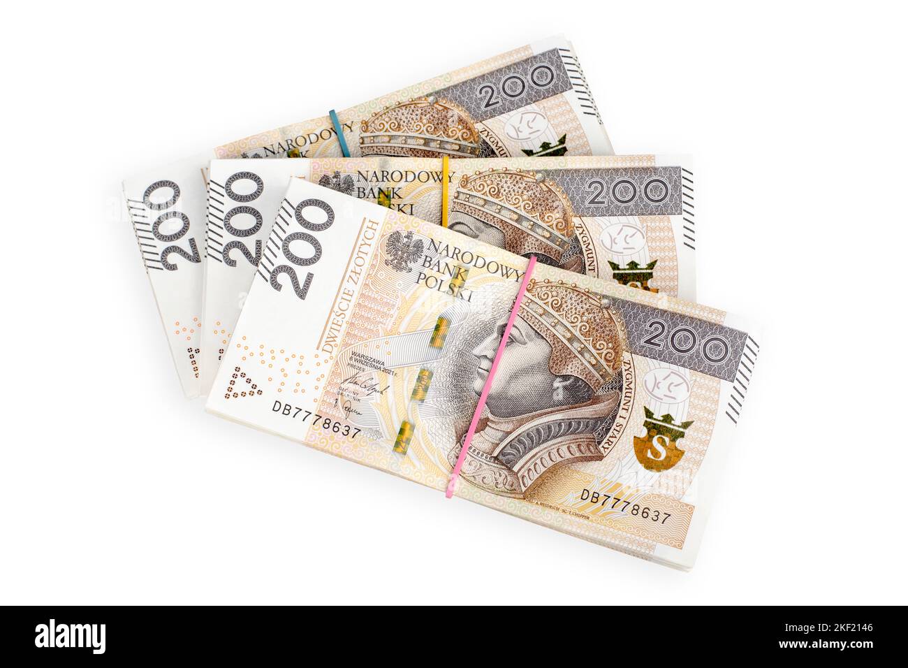 Bundles of polish 200 zloty banknotes top view. Isolated on white ...