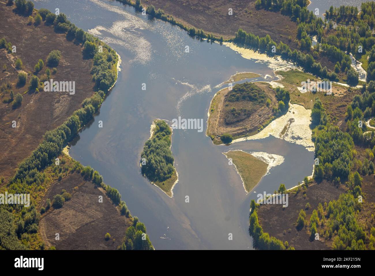 Aerial view, Lippe estuary area, Lippe estuary nature reserve, river course, sandbanks, Wesel ...