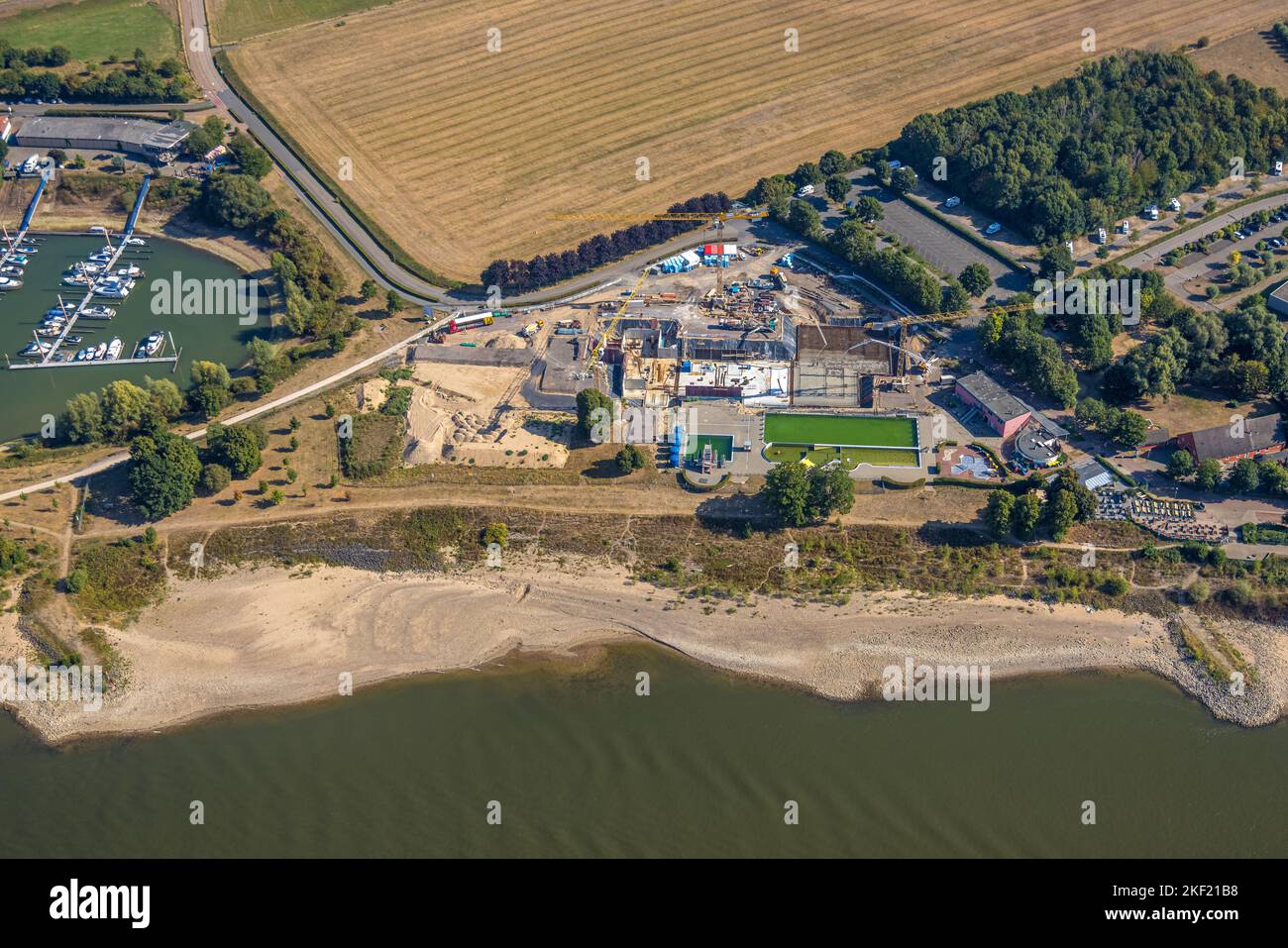 Aerial view, construction site Allwetterbad Wesel, inland navigation ...