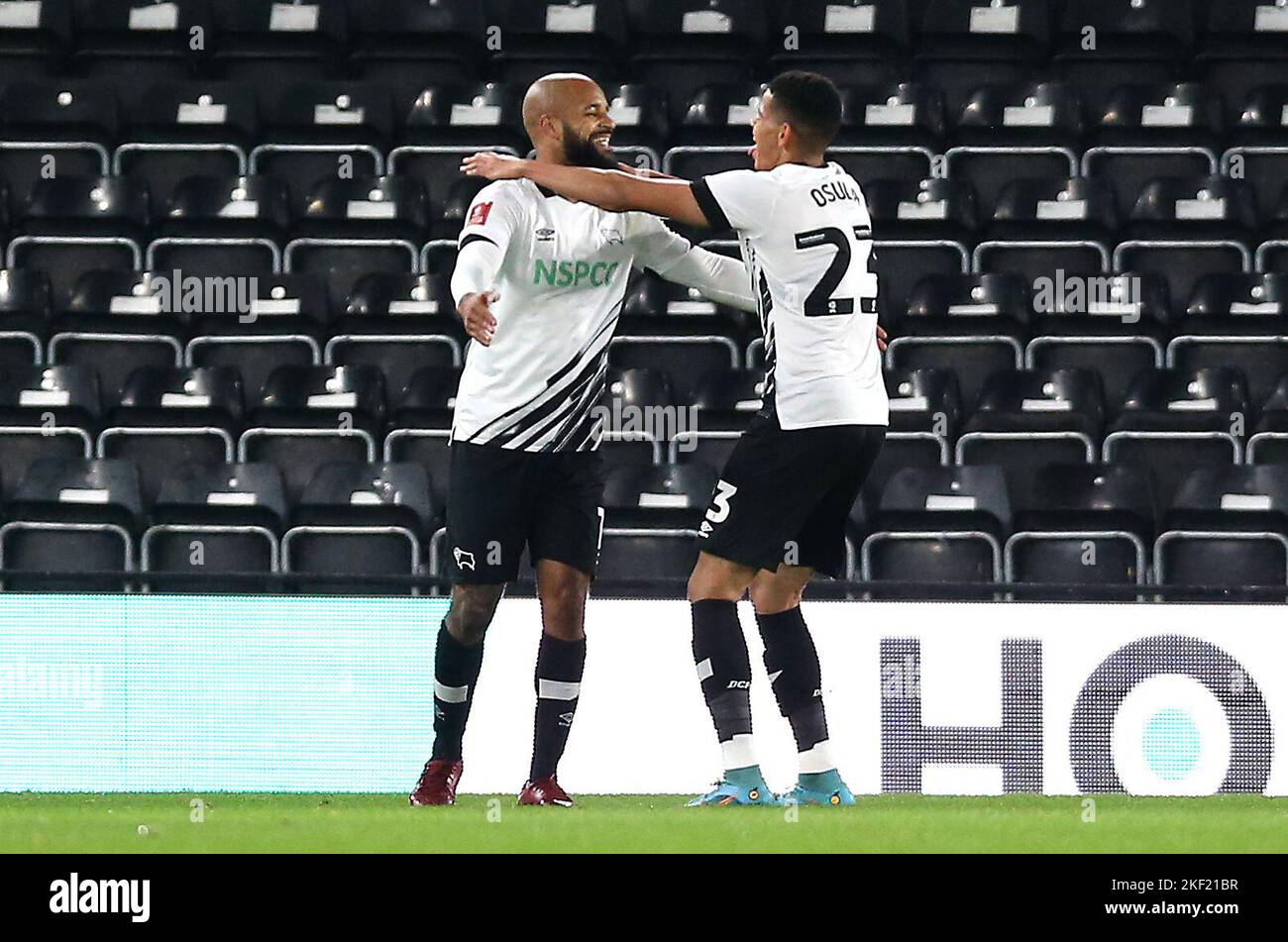 Derby County's William Osula (right) celebrates scoring their side's ...