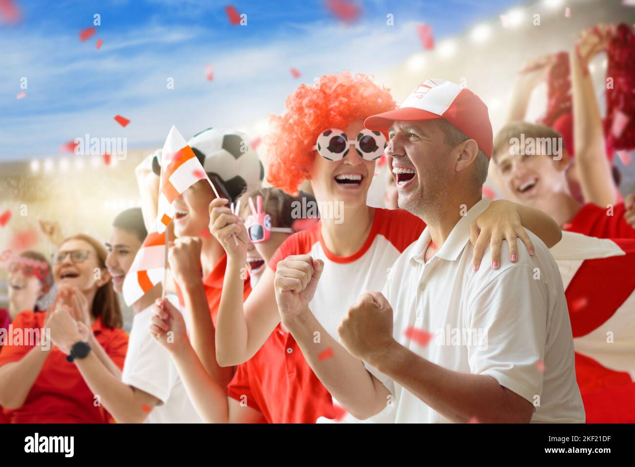 England football supporter on stadium. English fans on soccer pitch ...