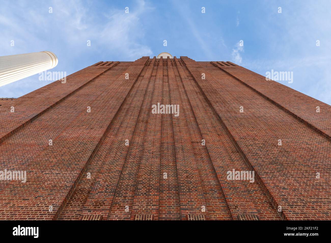 North side low angle view at chimneys and brickwork facade of iconic ...