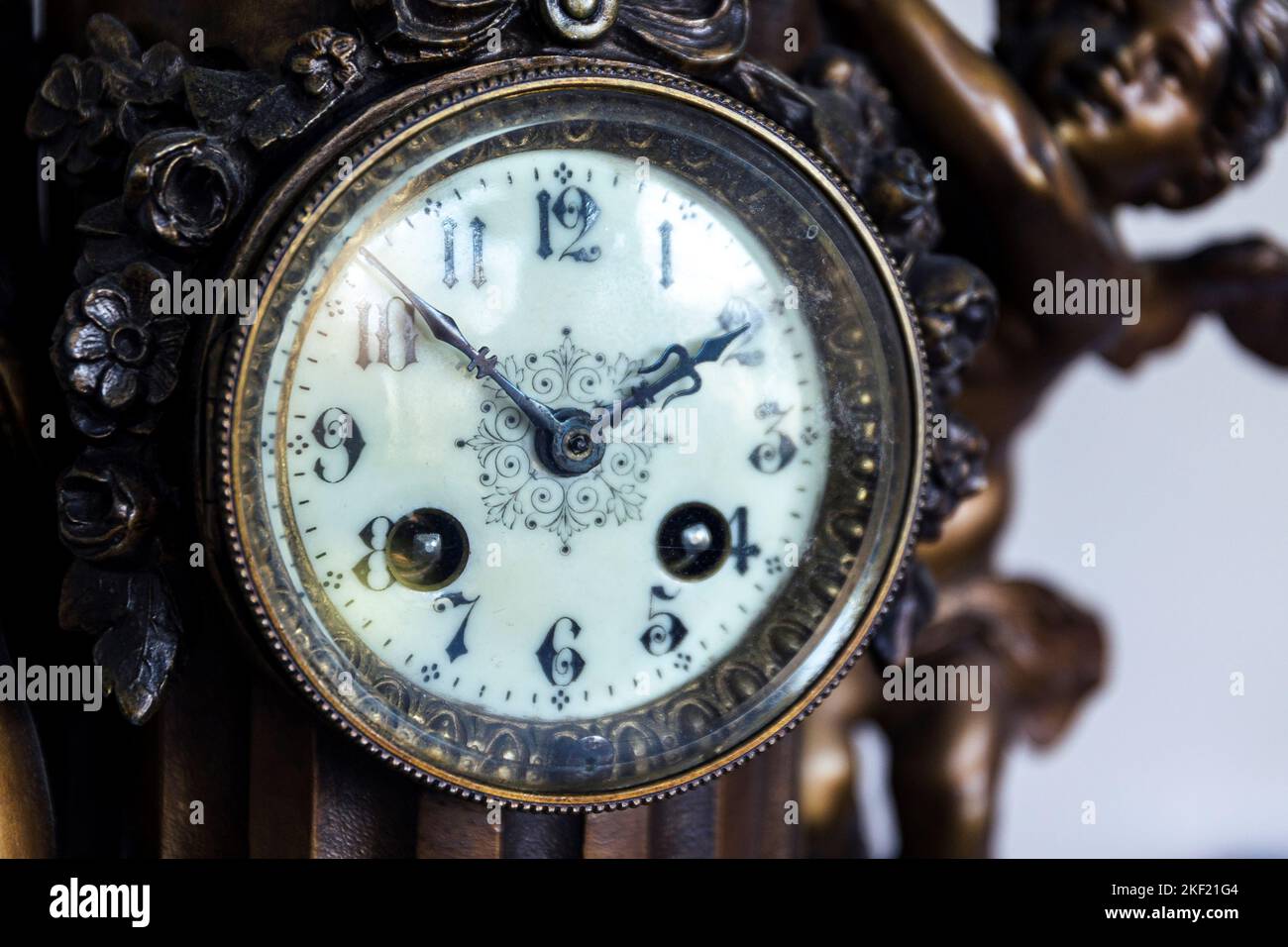 A closeup portrait of the retro clock face of an old vintage clock made ...