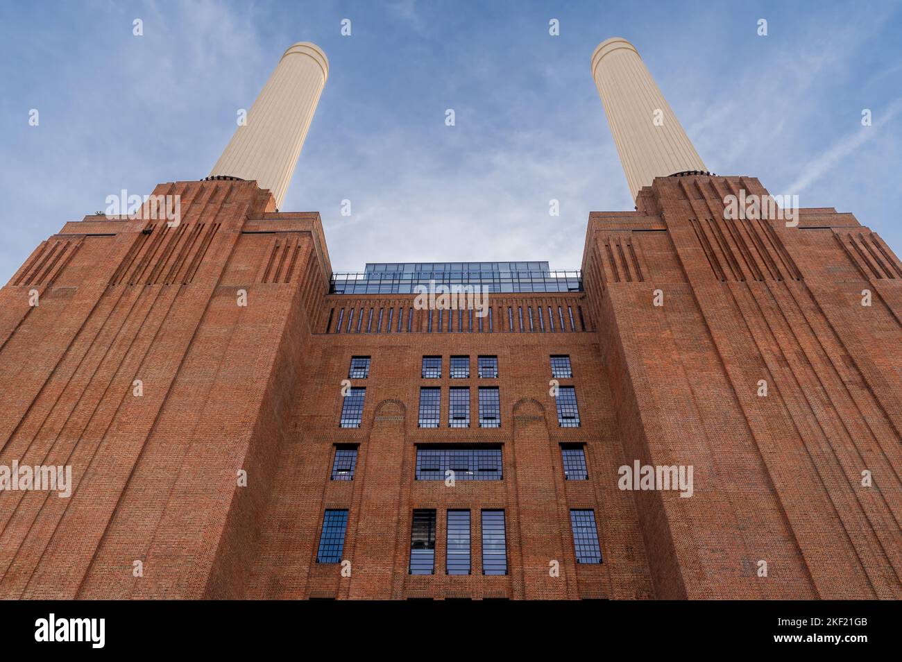 North side low angle view at chimneys and brickwork facade of iconic ...