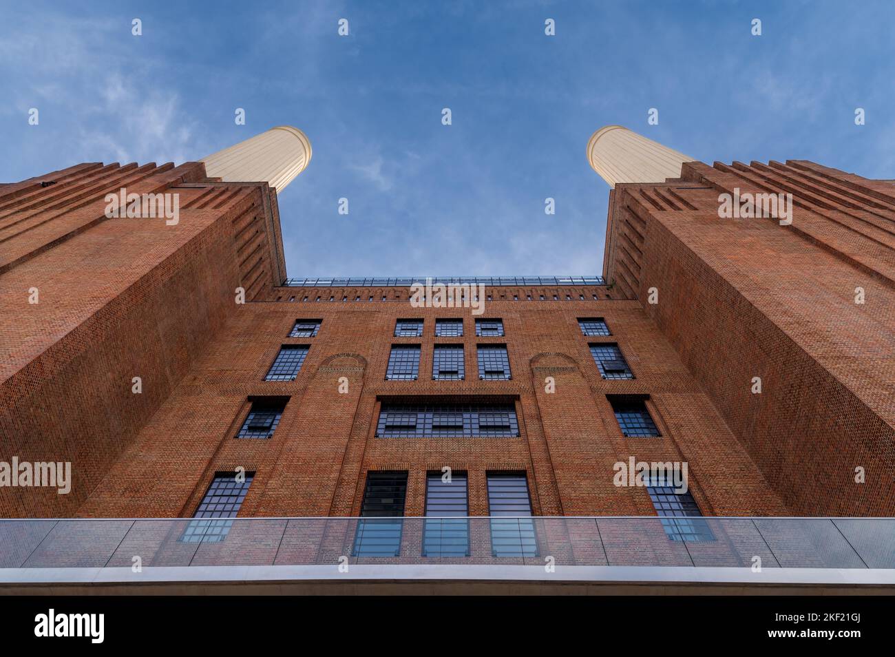 North side low angle view at chimneys and brickwork facade of iconic ...