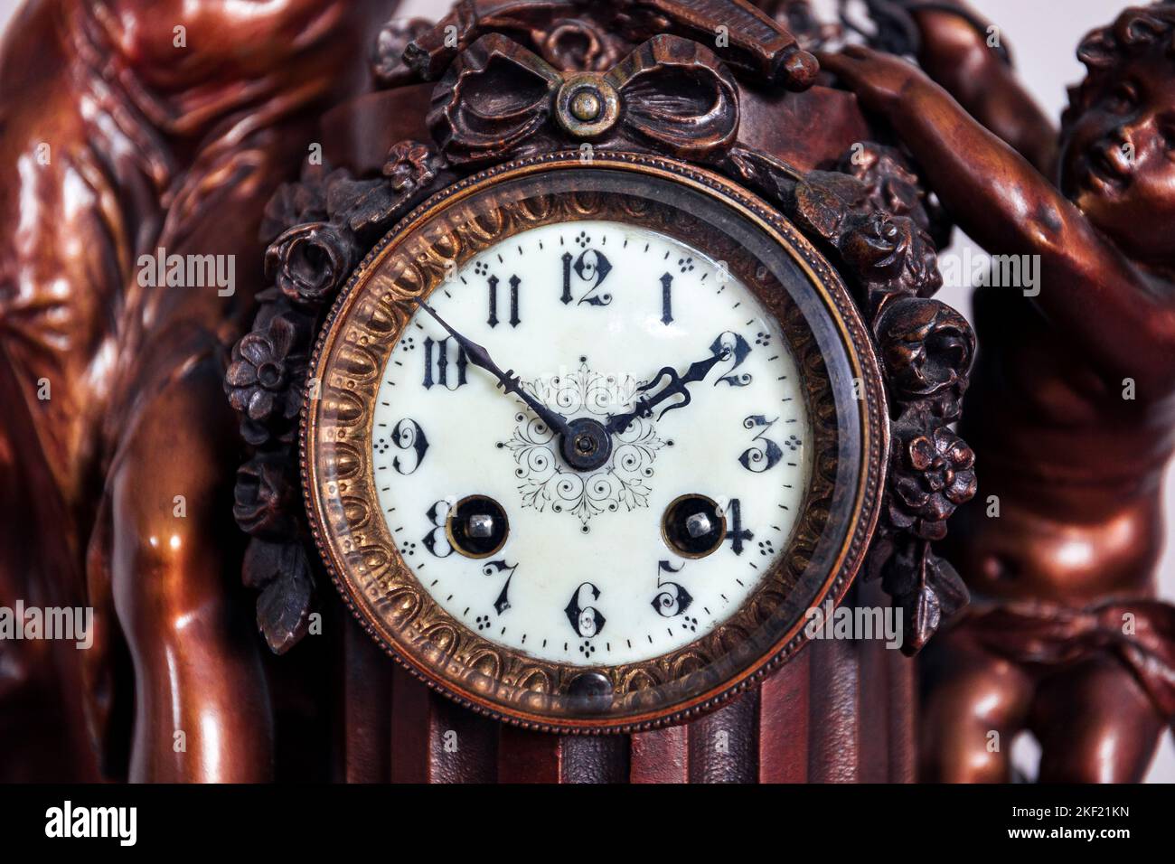 A front portrait of the retro clock face of an old vintage clock made ...