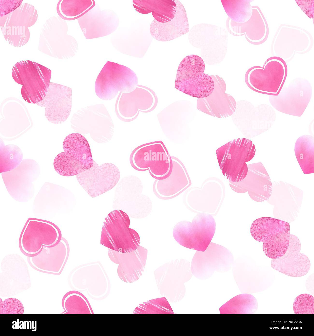 Bright pink hearts of different textures on a white background ...