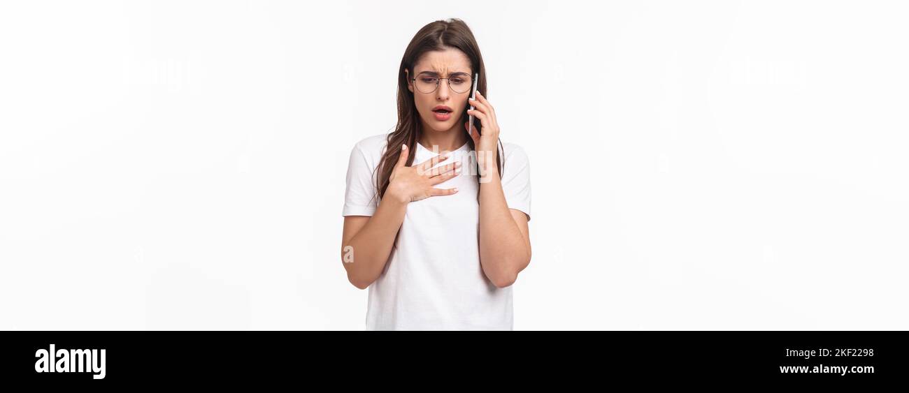 Communication, technology and lifestyle concept. Portrait of concerned ...