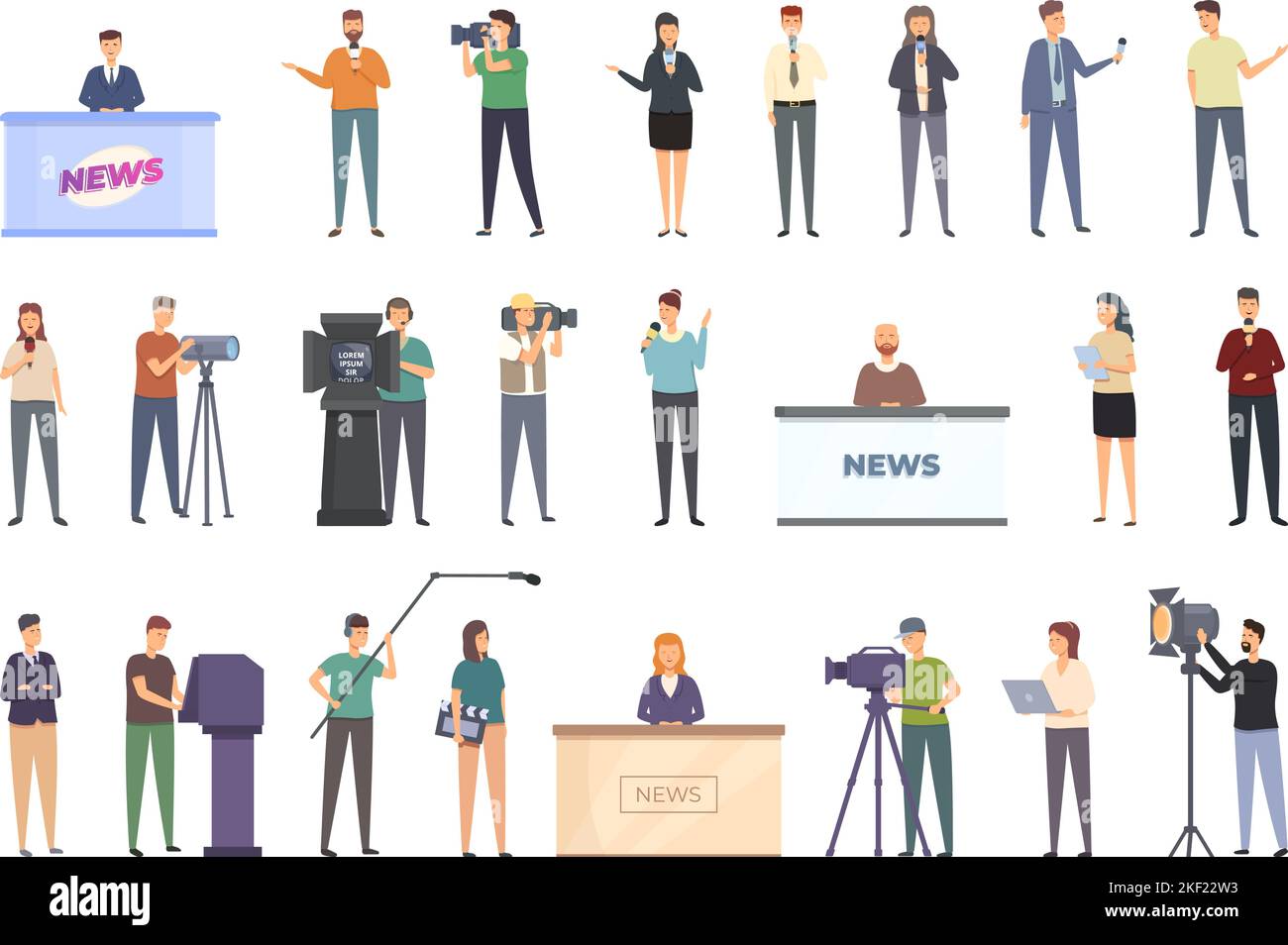 News production team icons set cartoon vector. Studio tv. Show digital ...