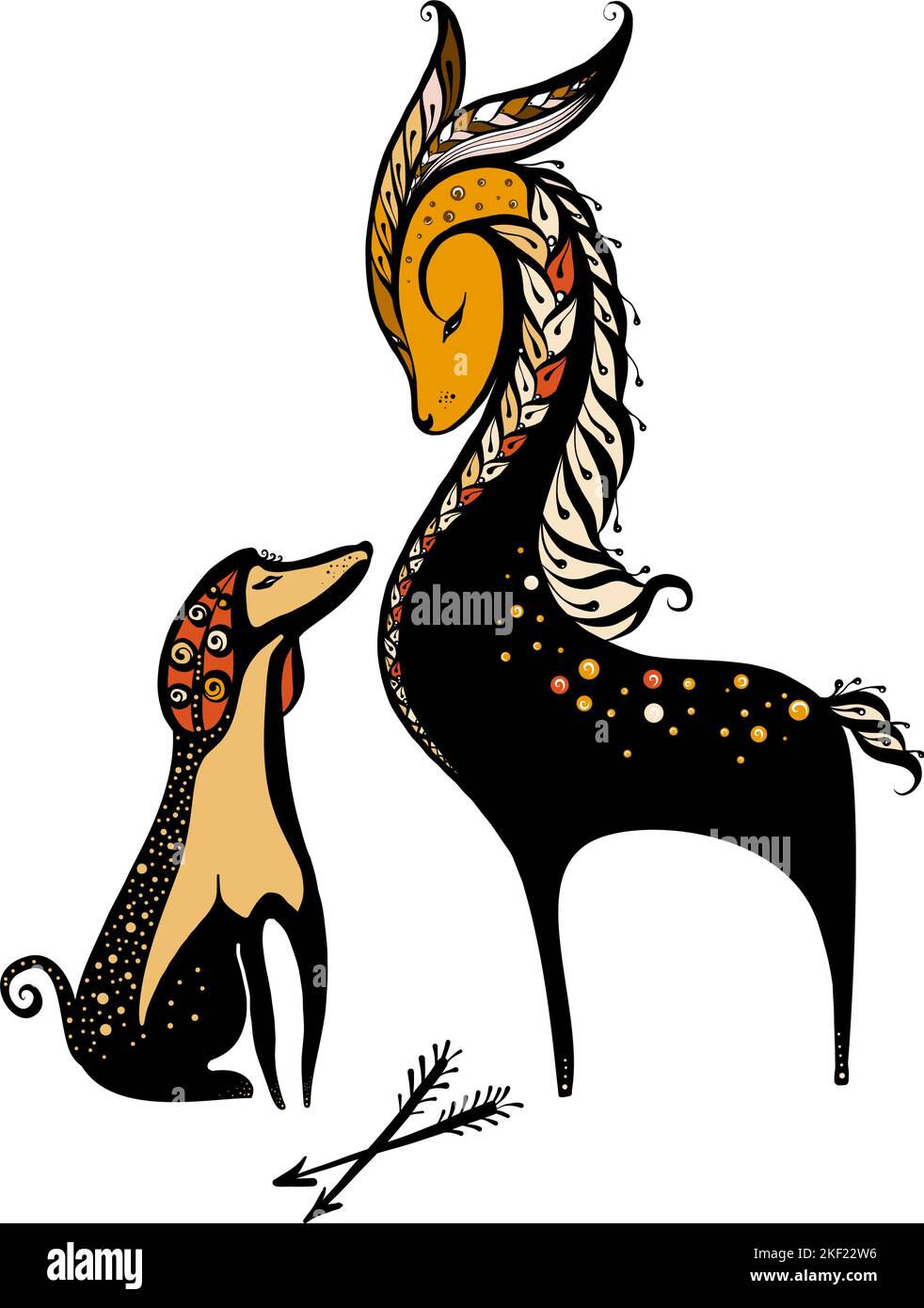 Hand Drawn Illustration of a Deer with Dog on White Stock Vector Image ...