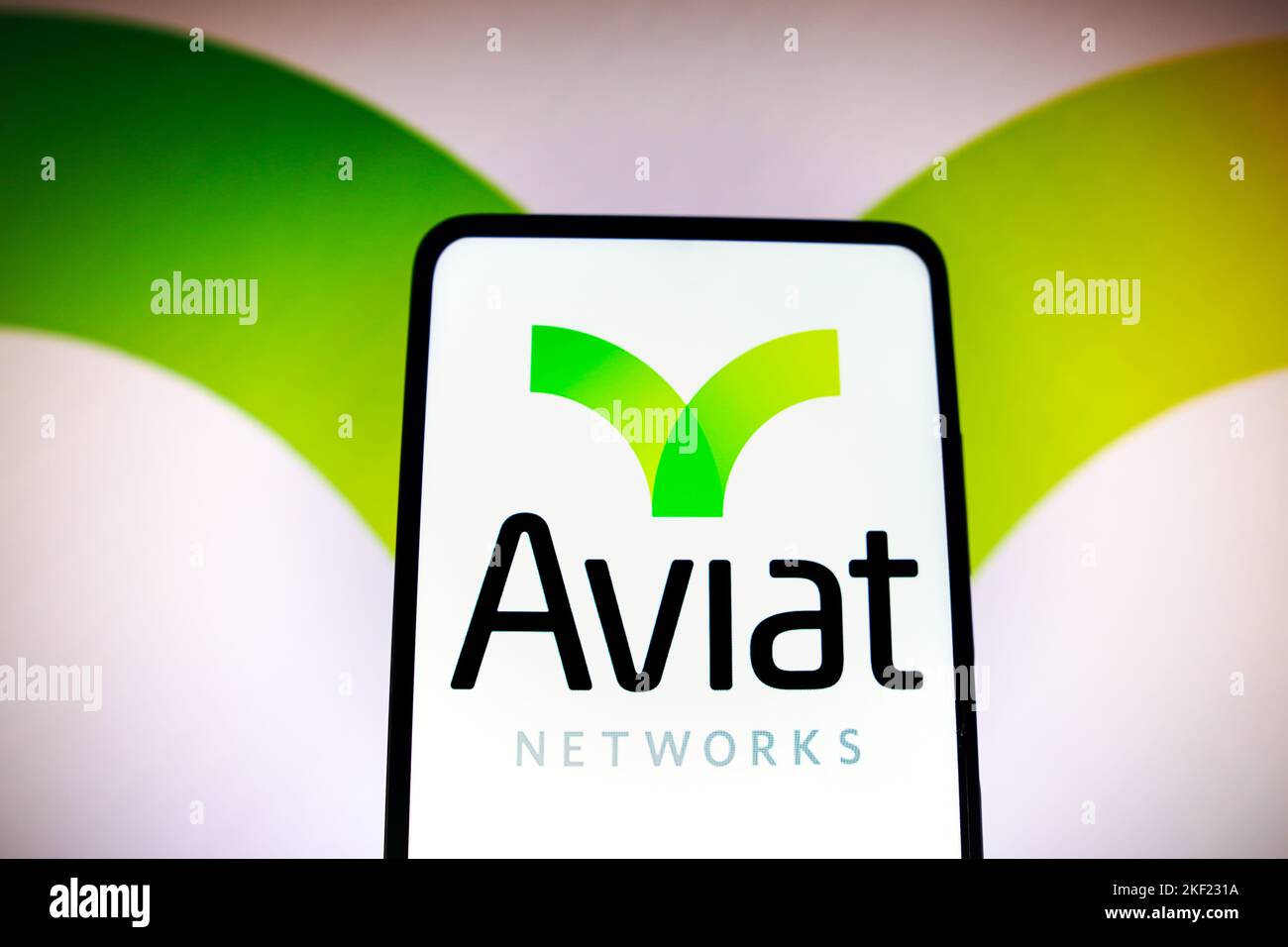 In this photo illustration, the Aviat Networks logo is displayed on a smartphone screen Stock ...