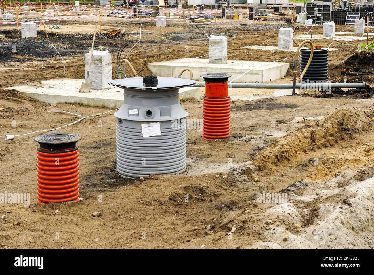 Concrete footings for steel columns at the construction site of new ...