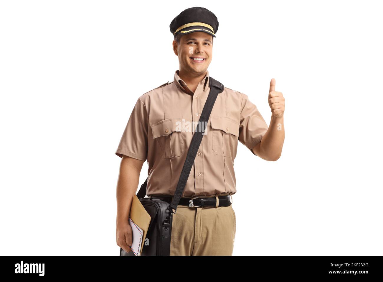 Mailman with a bag standing and gesturing a thumb up sign isolated on ...
