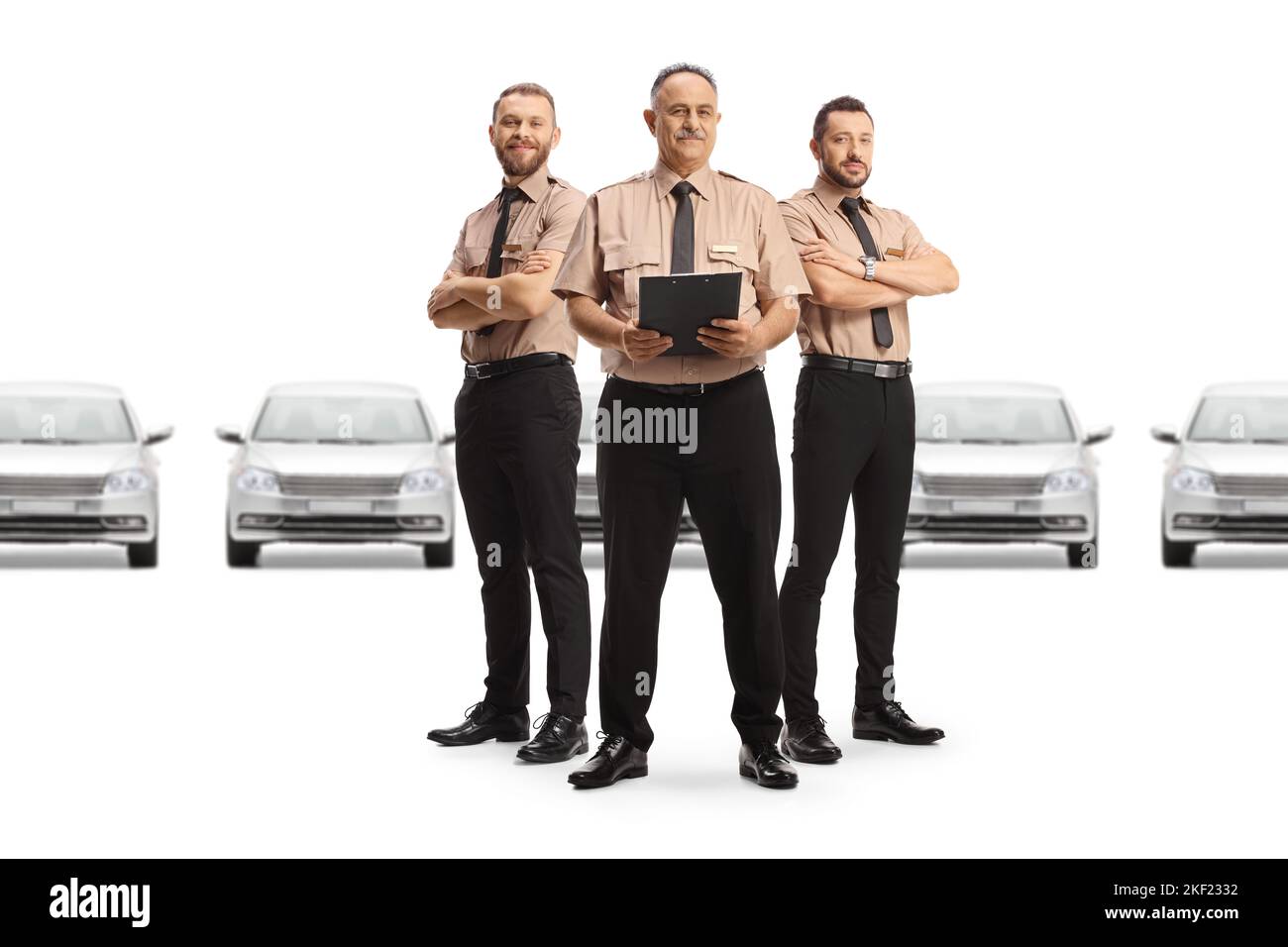 Security officers standing in front of parked cars isolated on white ...