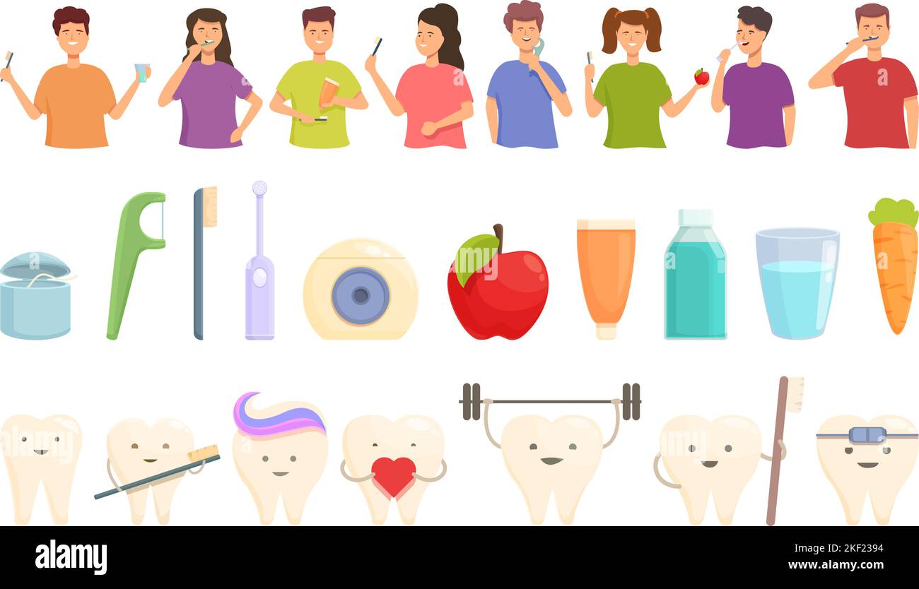 Pediatric dentistry icons set cartoon vector. Implant teeth. Medical ...