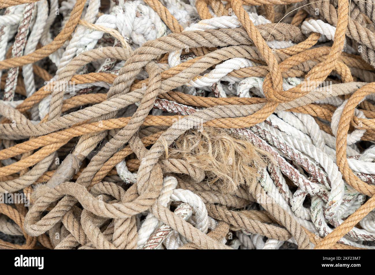 close up of different ship ropes in horizontal view seen from above ...