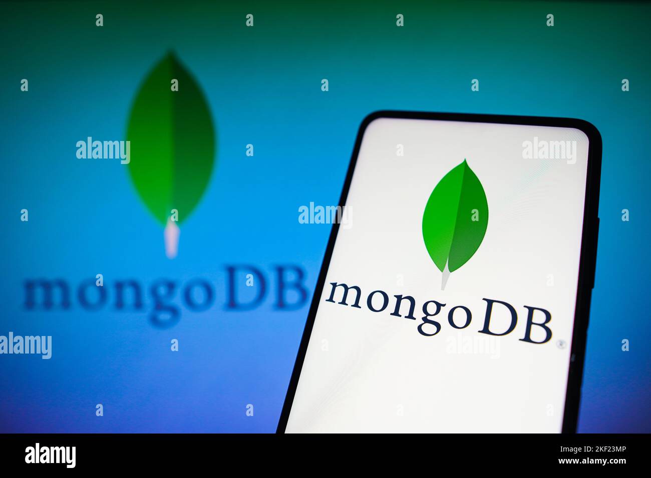 In this photo illustration, the MongoDB logo is displayed on a ...