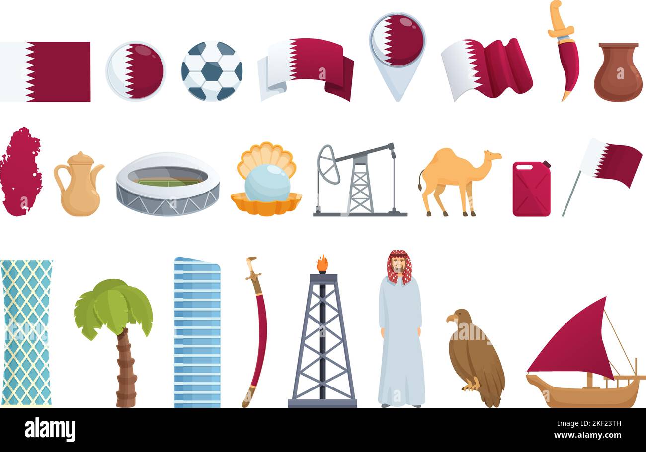 Qatar icons set cartoon vector. National day. Travel festival Stock ...