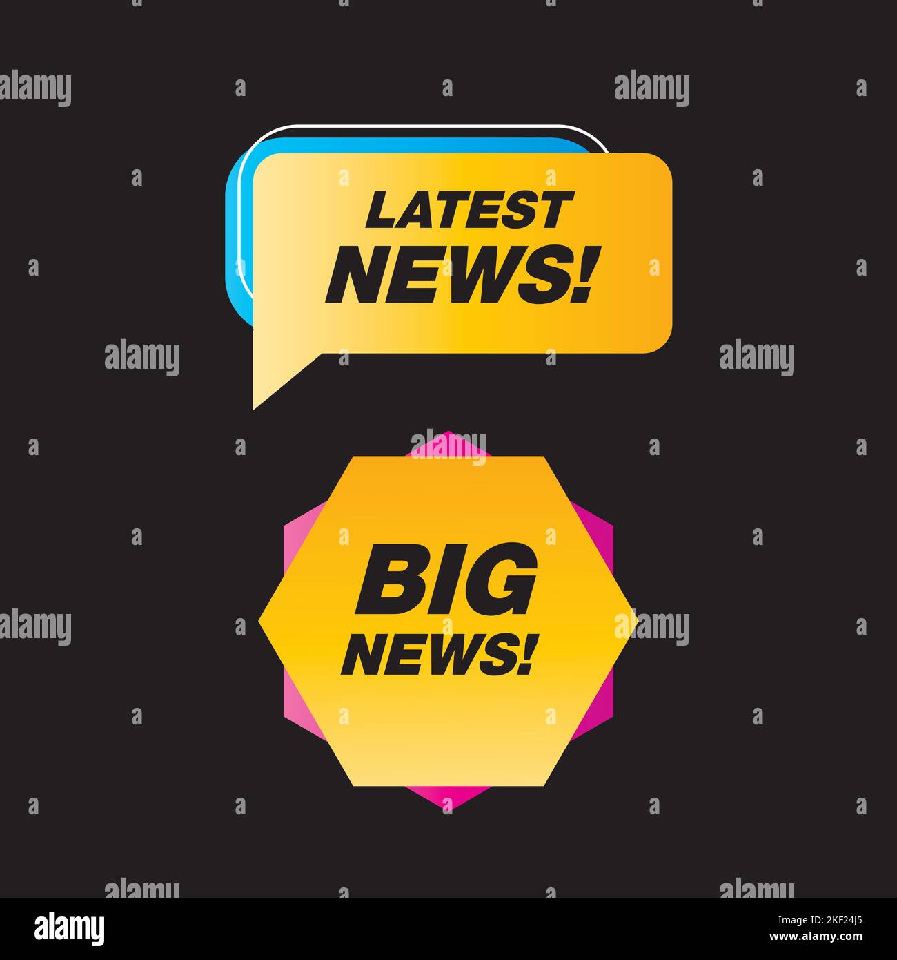 A pink and yellow icon of "Big news" in geometric figures on the black ...
