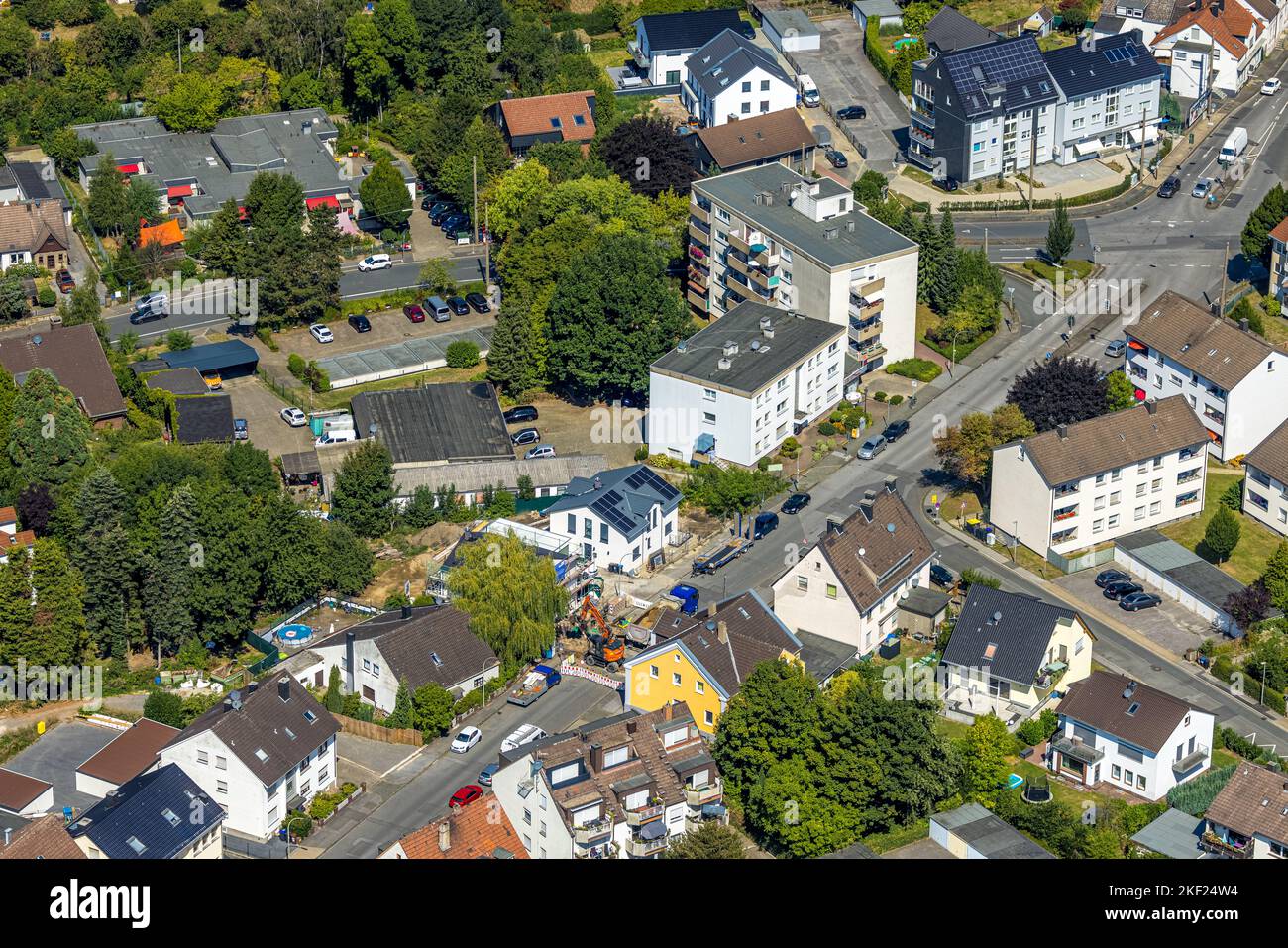 Aerial view, construction site with new residential building at the ...