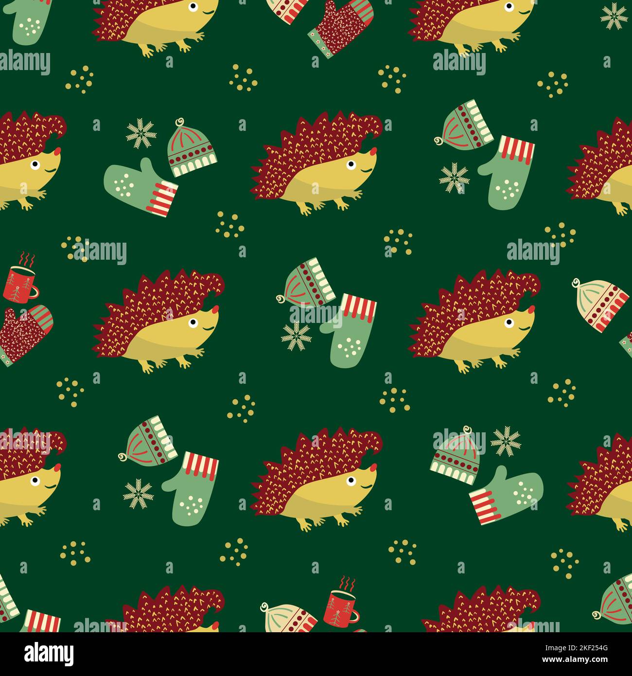 Cute hedgehog, hats, gloves seamless vector pattern backdground. Fun ...
