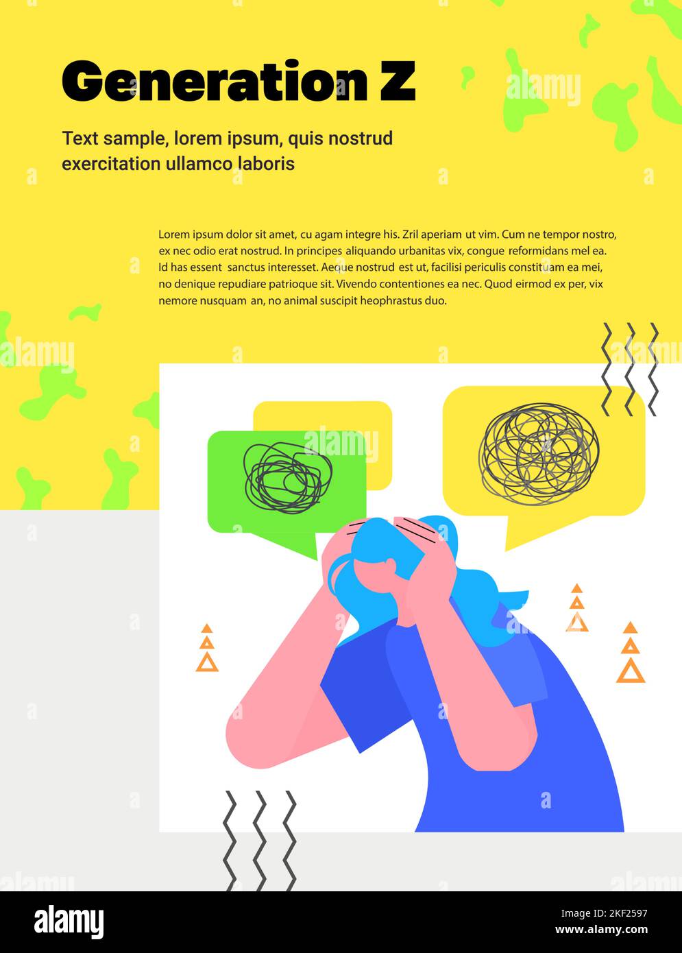 young woman in depression with confused mind in tangled brain ...