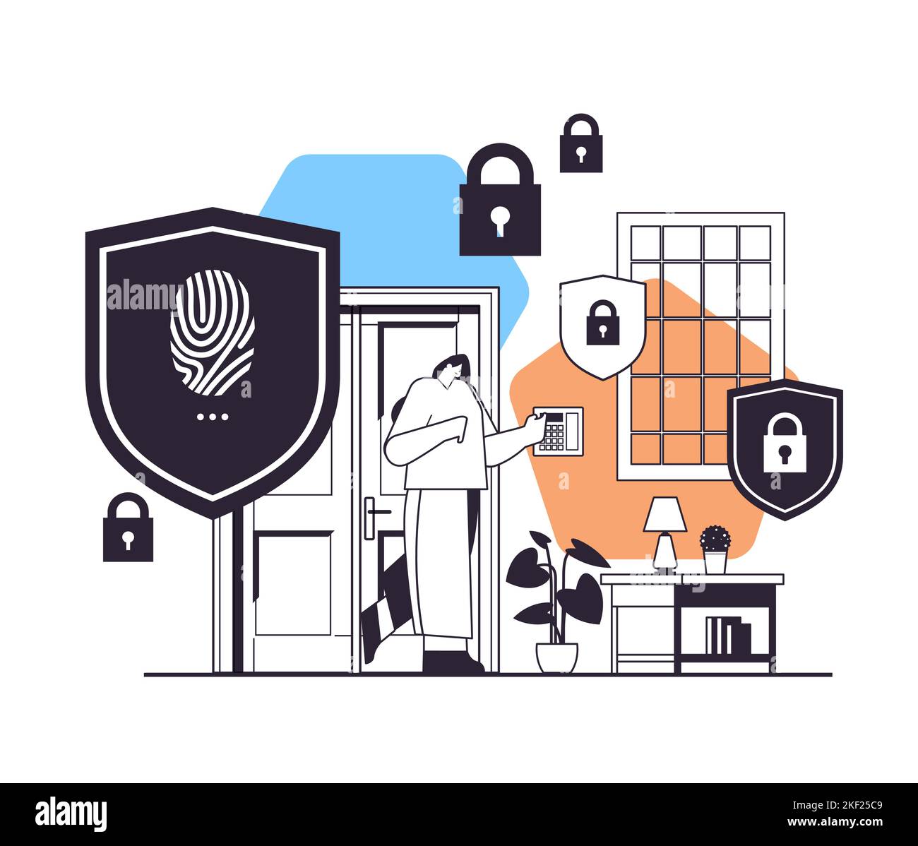 woman touching fingerprint scanner girl controlling smart home devices ...