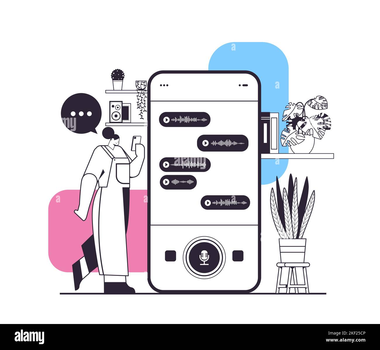 woman recording or listening voice messages on smartphone screen audio ...