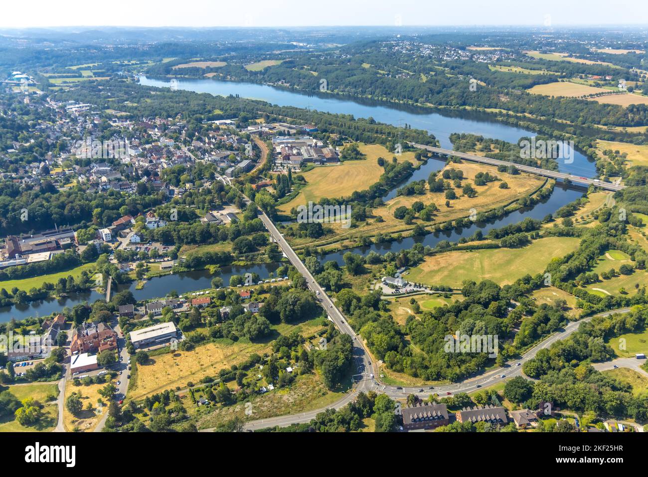 Aerial view, Herbeder Ruhrbrücke and small Lakebrücke with river Ruhr ...
