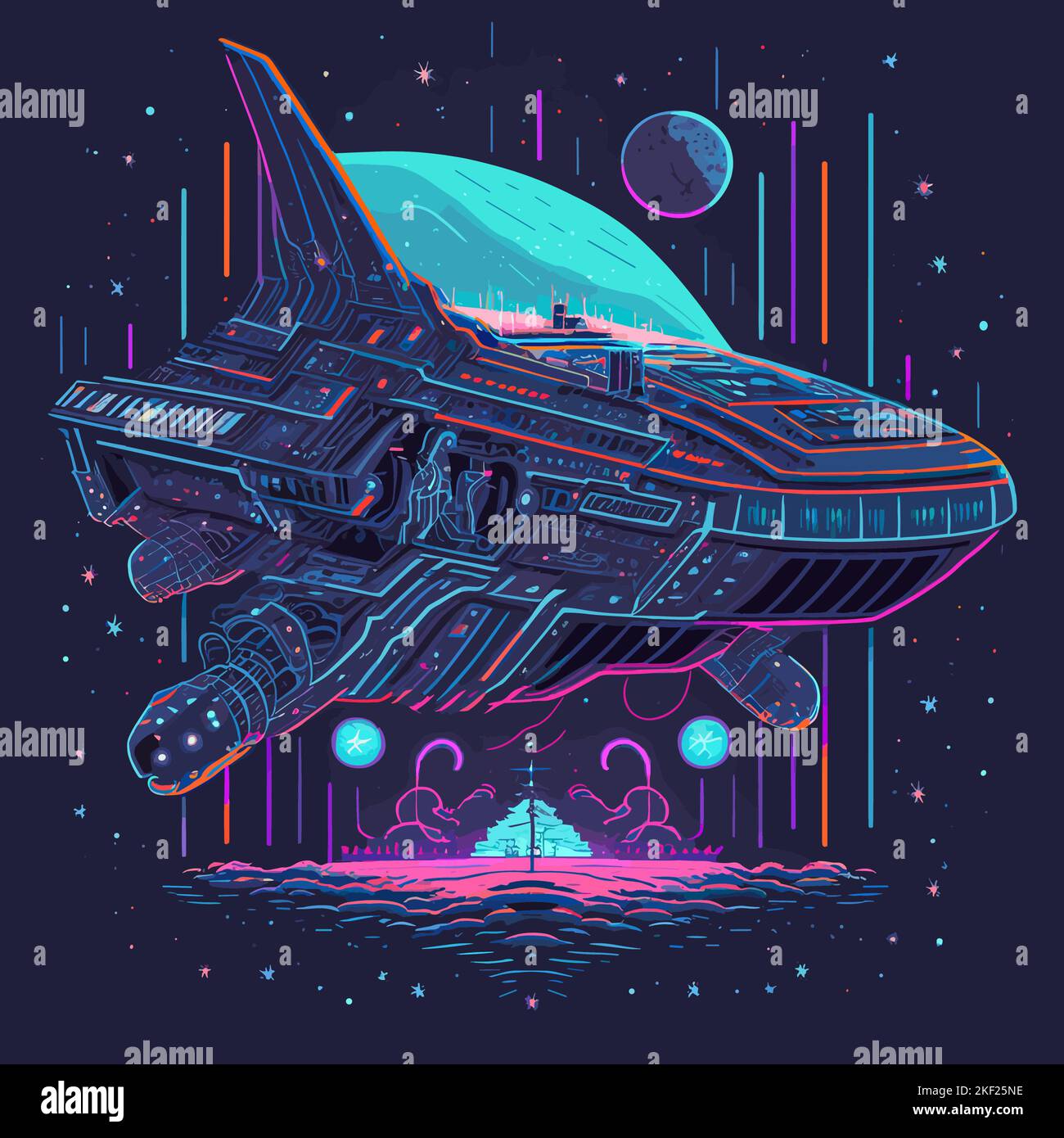 A vector of a futuristic spaceship hovering over a planet Stock Vector ...