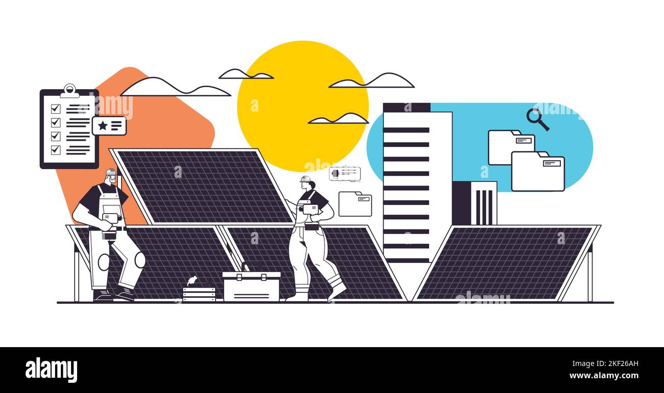 technician workers near solar panels station engineers checking ...