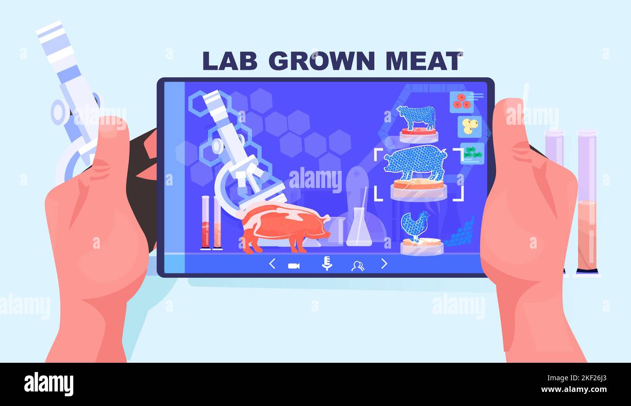 scientist analyzing cultured red raw meat on tablet pc screen ...